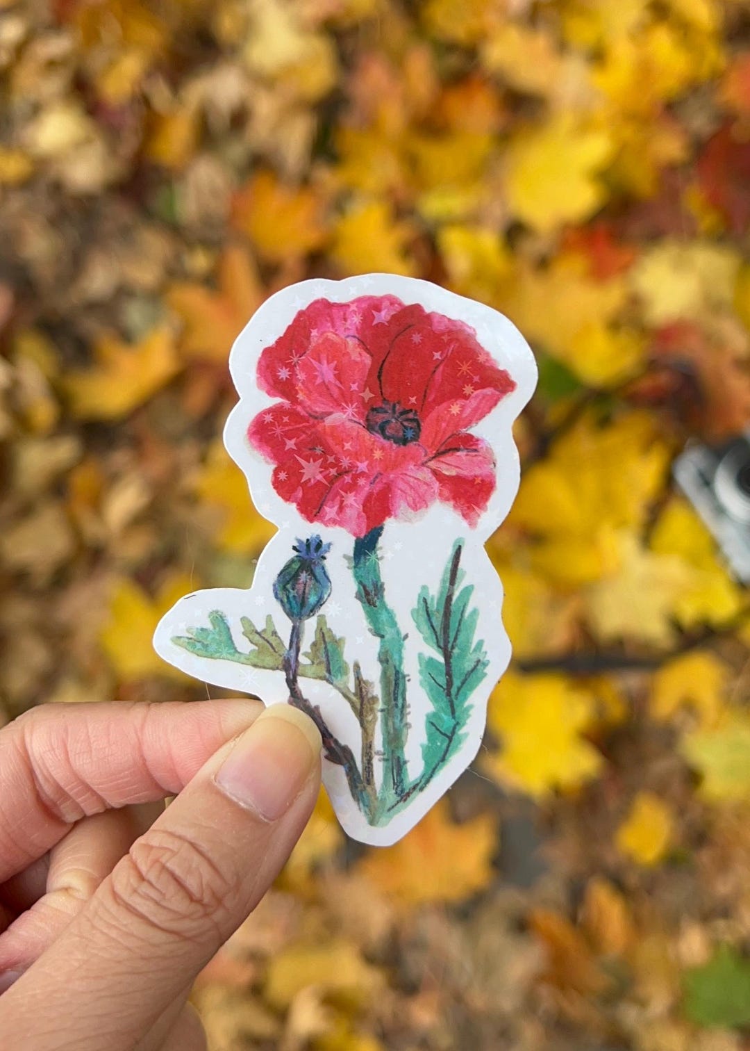 Red Poppy Flower Vinyl Holographic Sticker Pretty Hand Drawn Floral ...