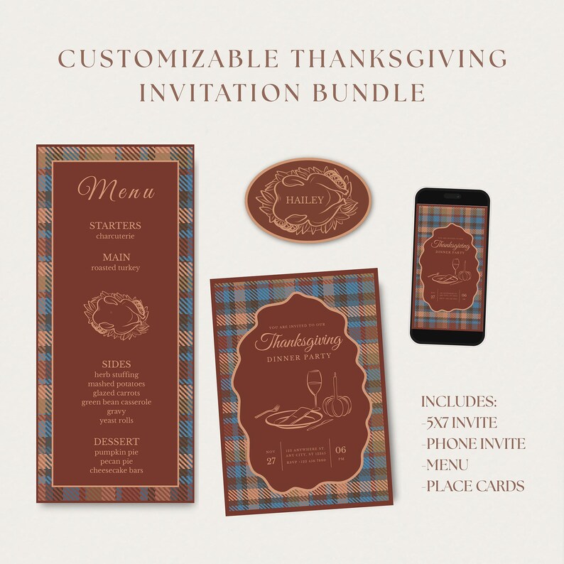 Editable Plaid Thanksgiving Invitation Template Bundle | Fall Dinner ...