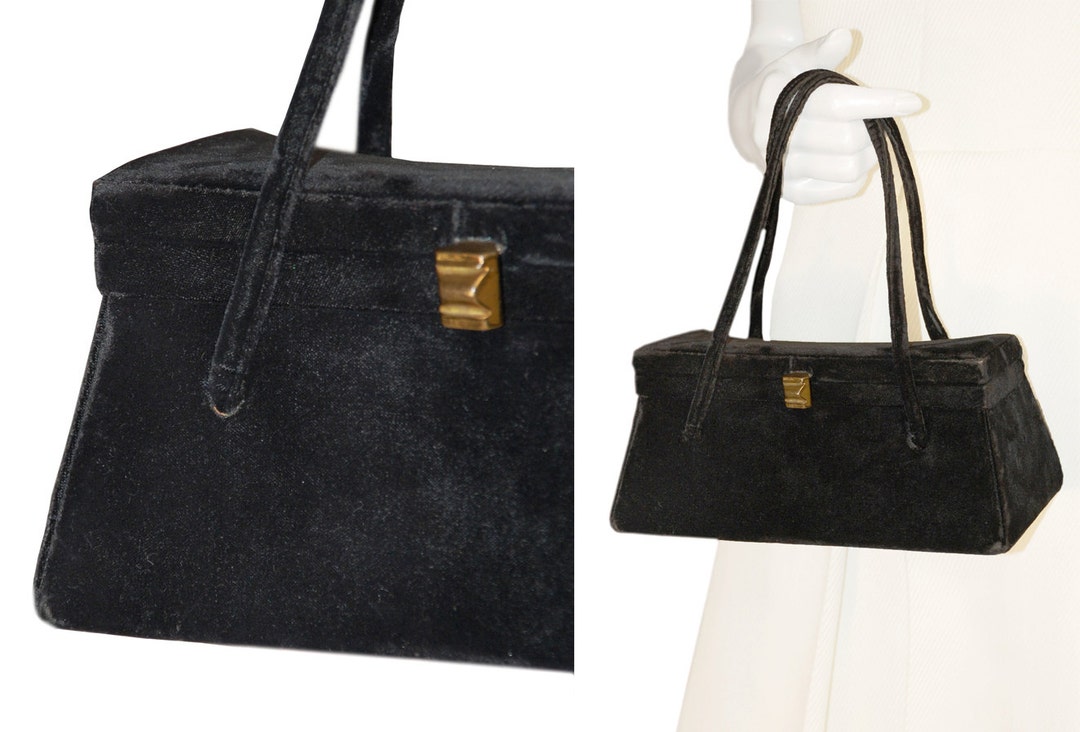 Vintage Blackest Black Velvet Trapezoid Box Purse, 1950s Structured ...