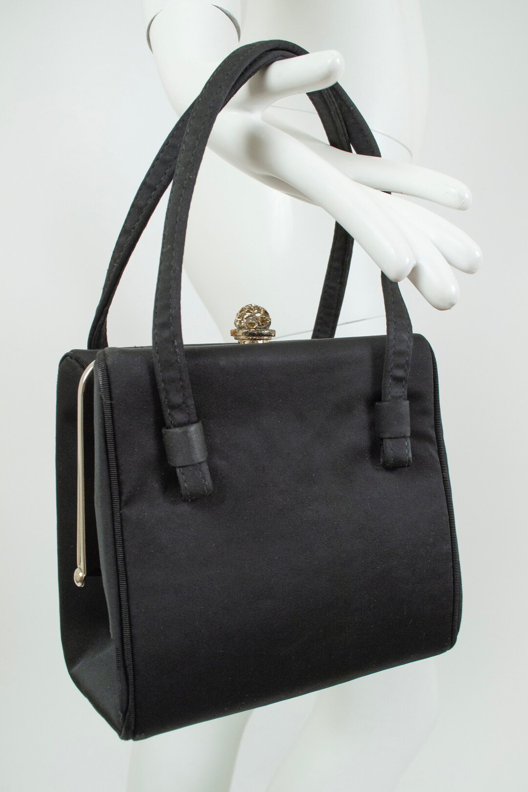 Vintage Black After Five Satin Box Purse Evening Bag With Caged ...