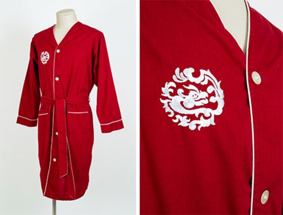 Vintage cranberry and silver embroidered dragon robe,… - Gem