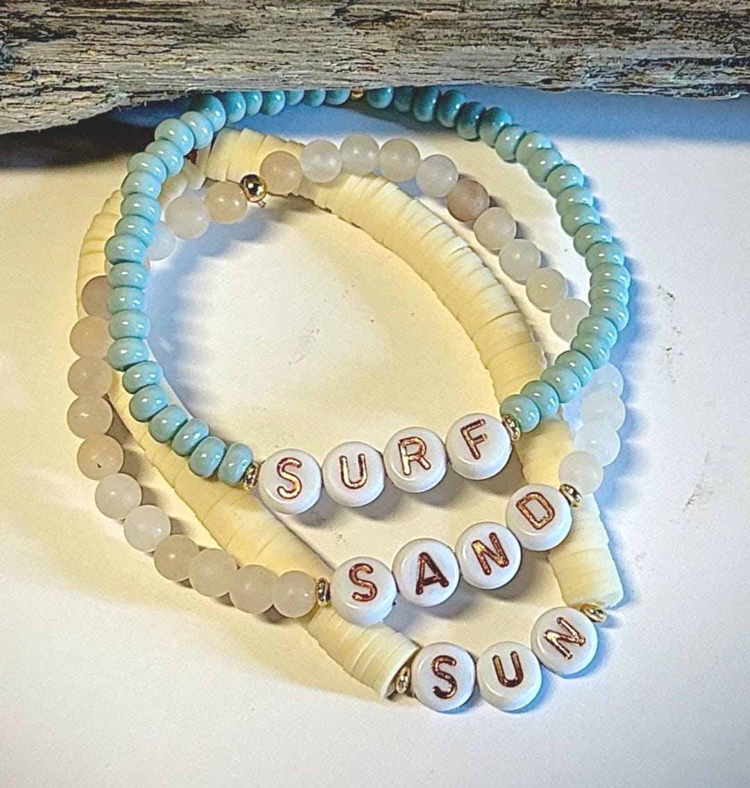 Beachy Beaded Bracelet Stack, SURF-SAND-SUN Letter Bracelet Set ...