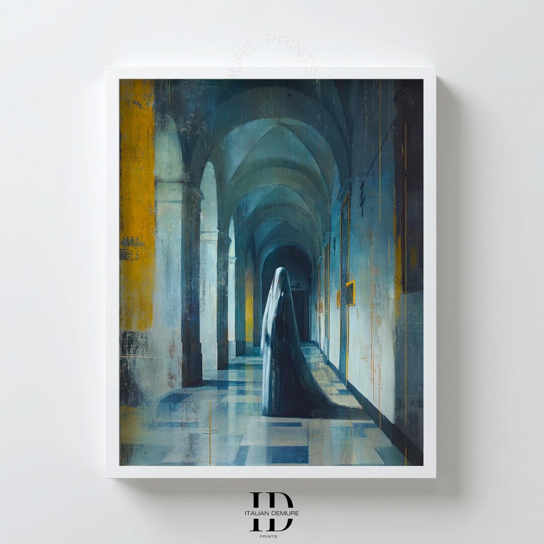 Haunted Cloister Wall Art, Gothic Monastery Print, Moody Teal Blue ...