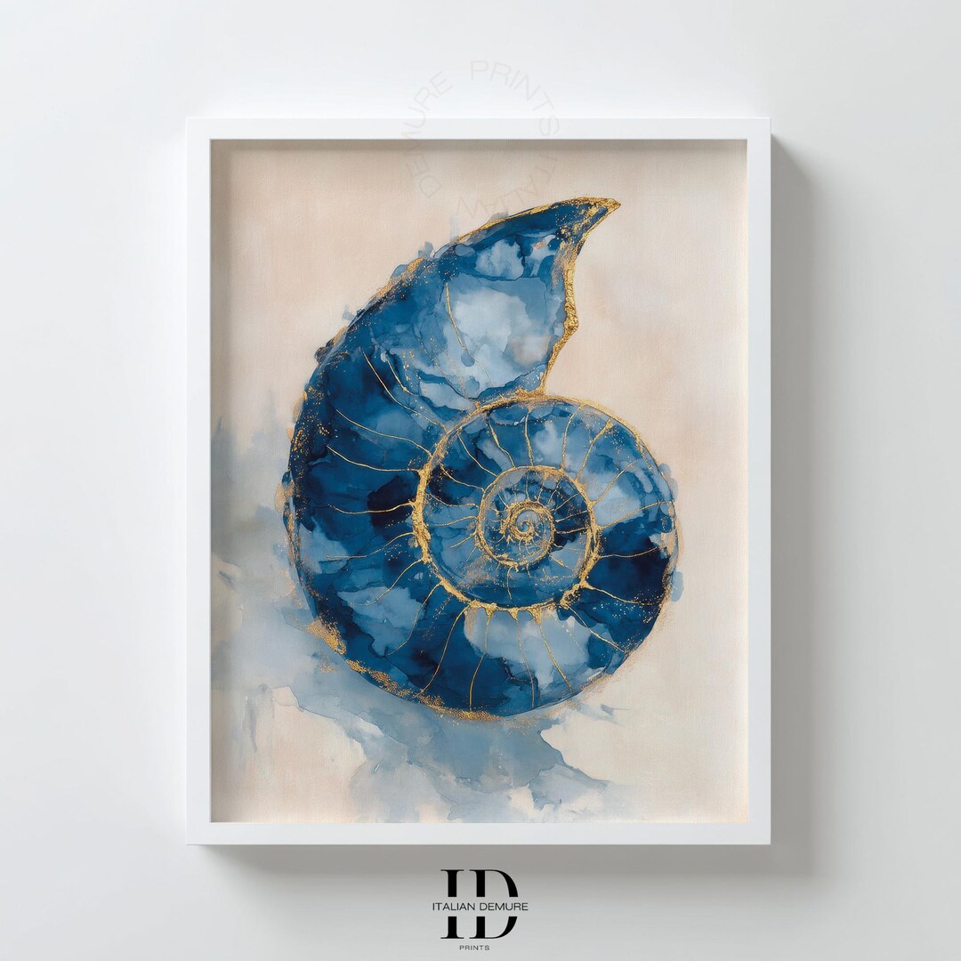 Blue Nautilus Shell Wall Art, Coastal Watercolor Printable, Abstract ...