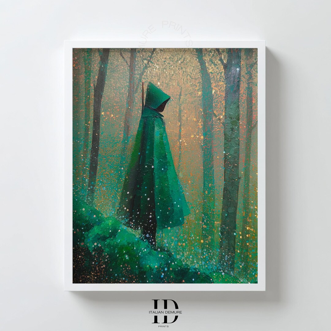 Mystical Forest Cloak Wall Art, Green Hooded Figure Print, Fantasy ...