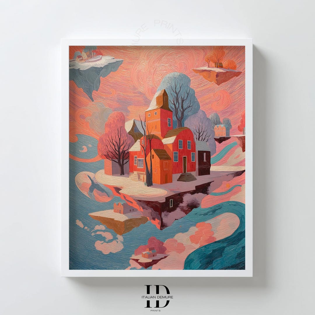 Whimsical Floating House Art, Surreal Dreamscape Print, Pink Red ...