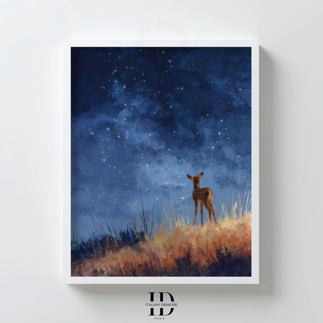 Starry Night Deer Print, Woodland Animal Wall Art, Digital Landscape ...