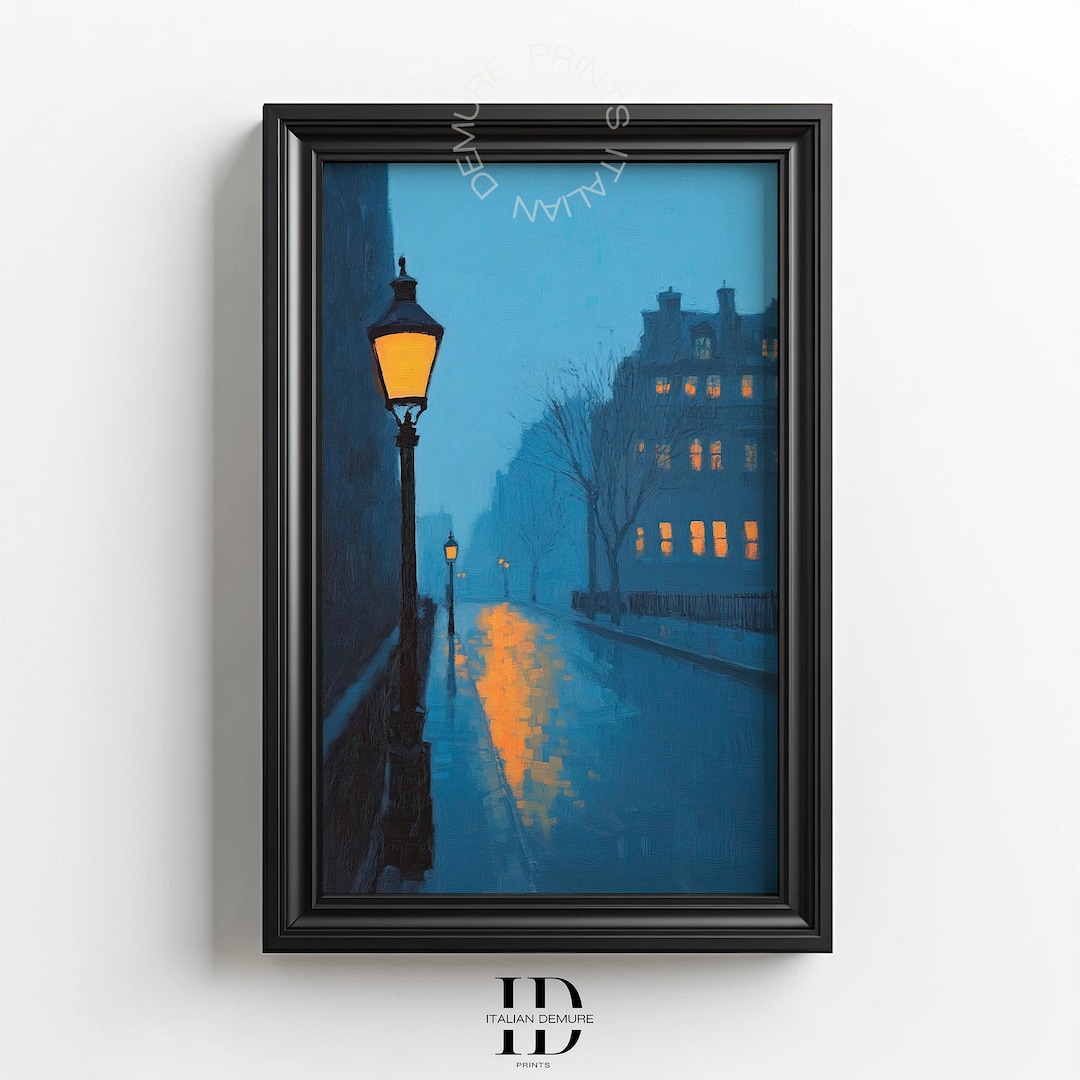 Moody Paris Street Scene – Rainy Night Digital Print – Blue Cityscape ...