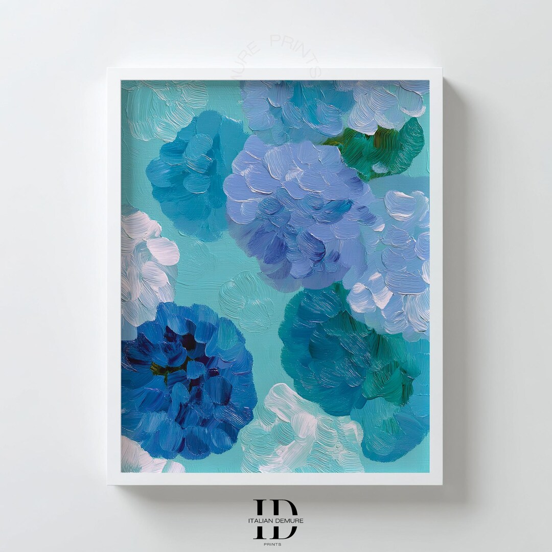 Blue Hydrangea Wall Art, Impressionist Floral Print, Aqua Botanical ...