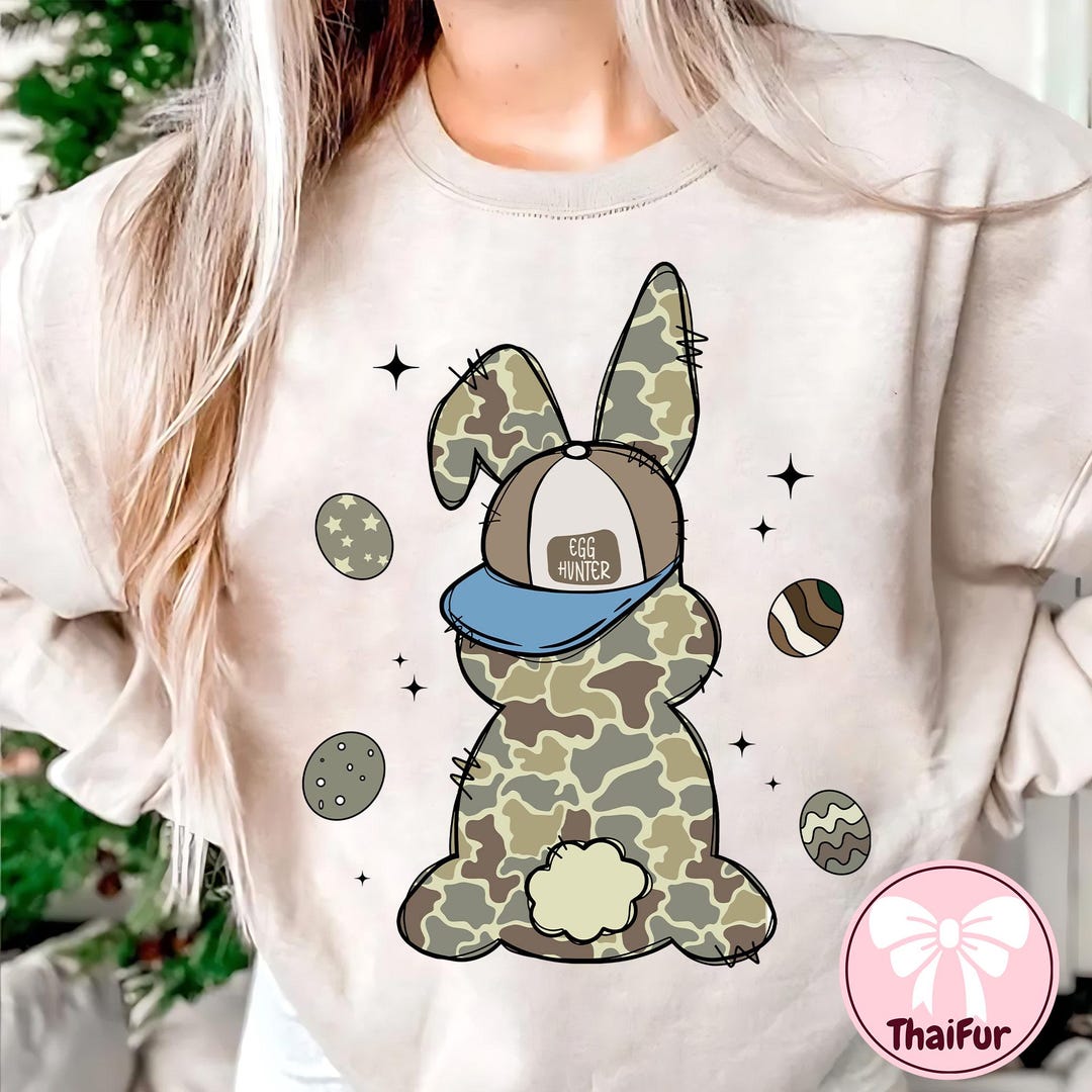 Egg Hunter Bunny PNG, Kids Easter Doodle Digital Sublimation, Camo ...