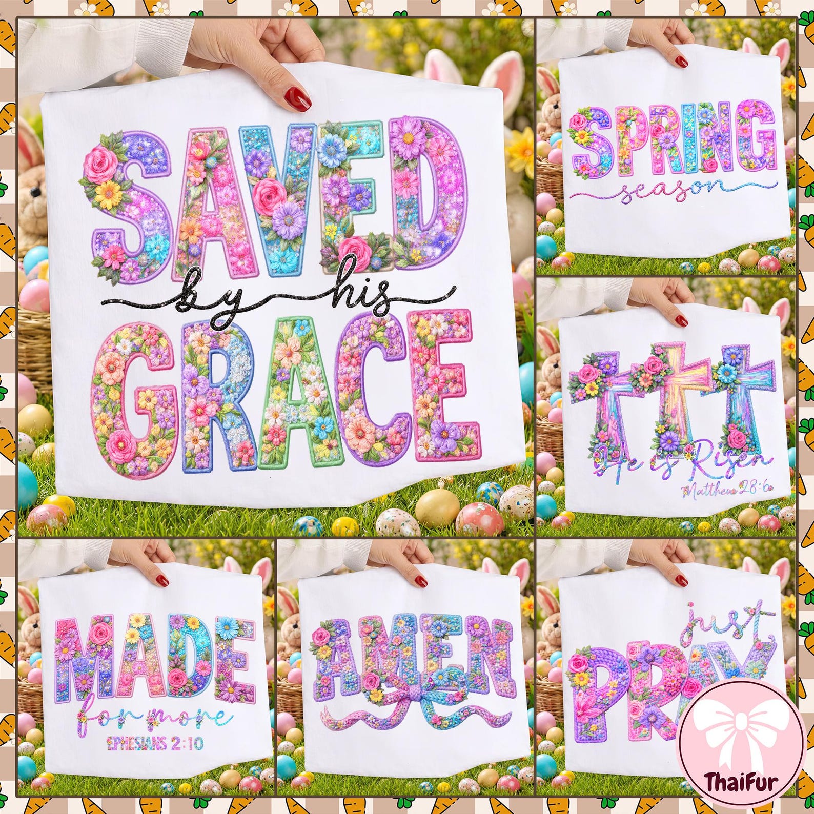 Christian Easter Bundle PNG, Faux Yarn Saved by His Grace PNG, Floral ...