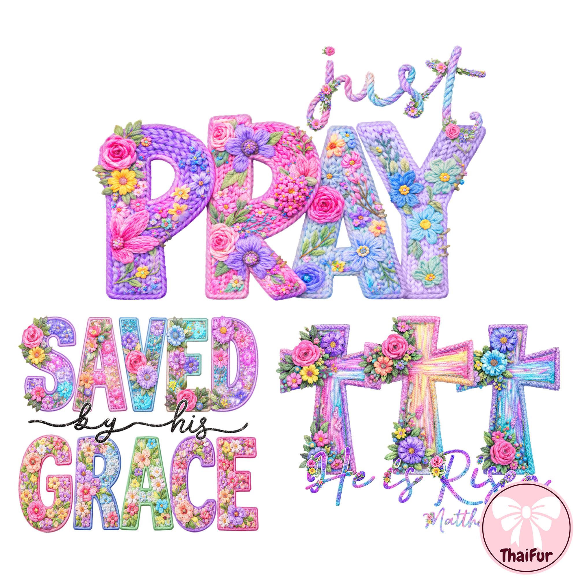 Christian Easter Bundle PNG, Faux Yarn Saved by His Grace PNG, Floral ...