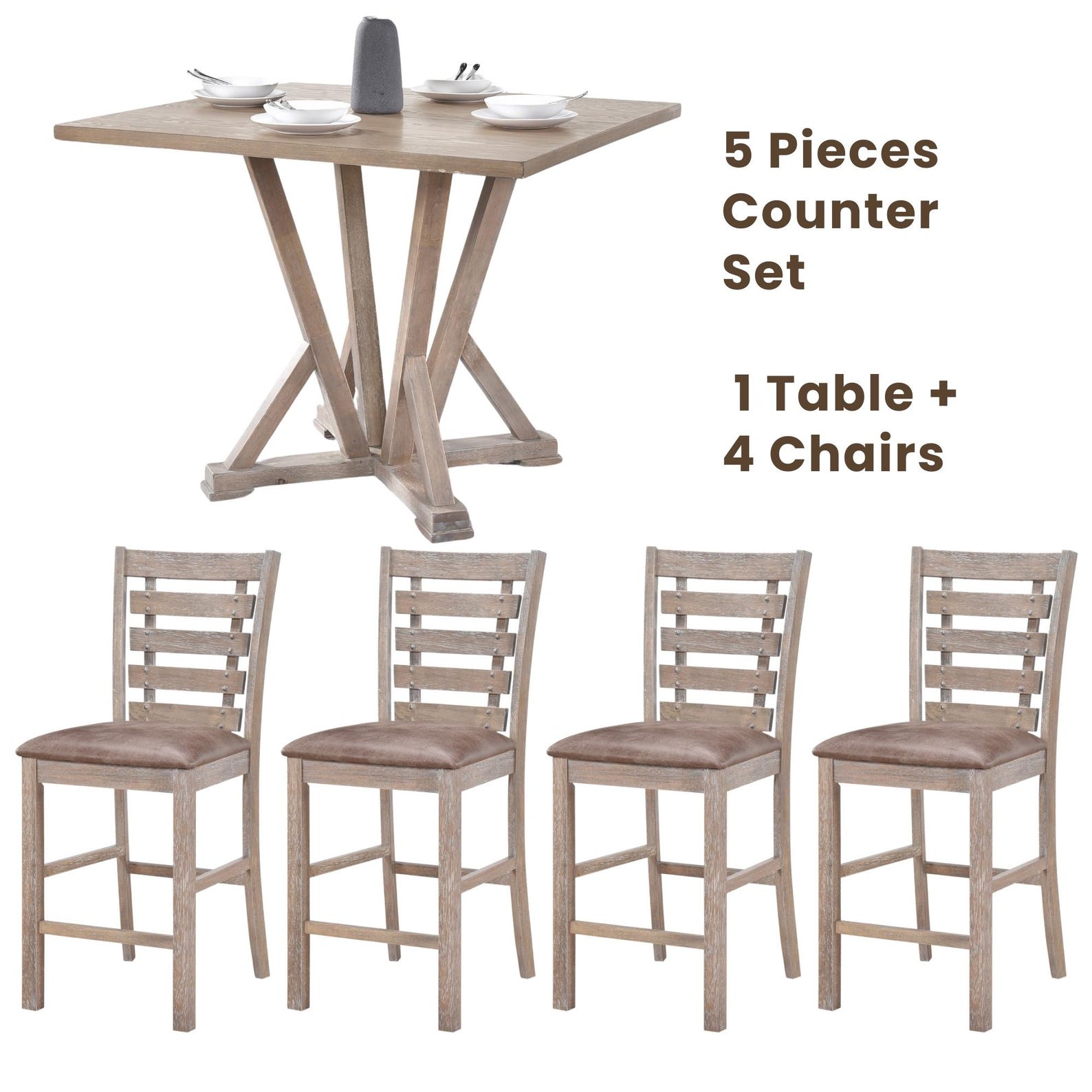5pcs 45" Square Counter Set, 4 Seaters, Grayish Brown, Rustic Look - Etsy