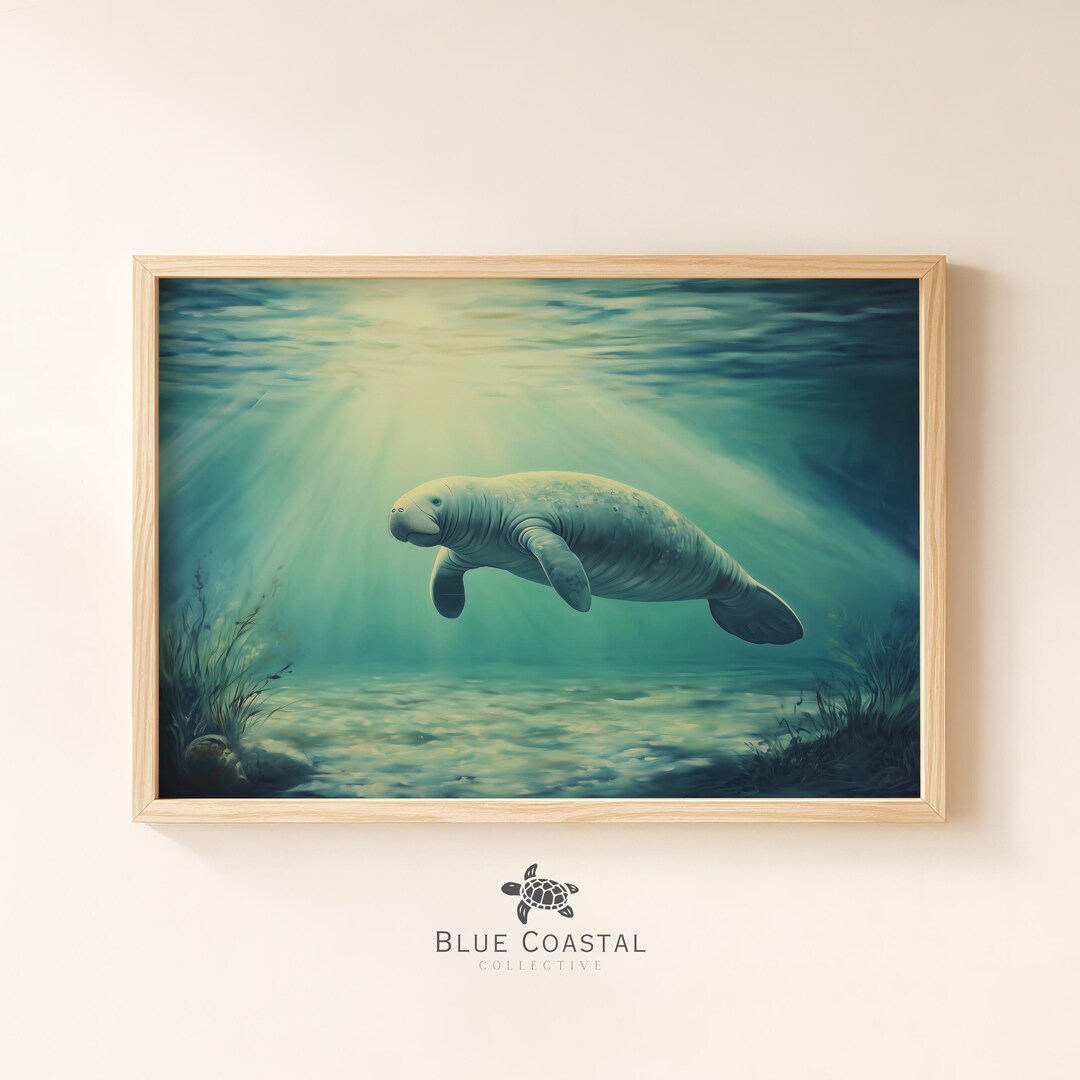 Marine Life Wall Art Ocean Painting Vintage Manatee Print Beach House ...