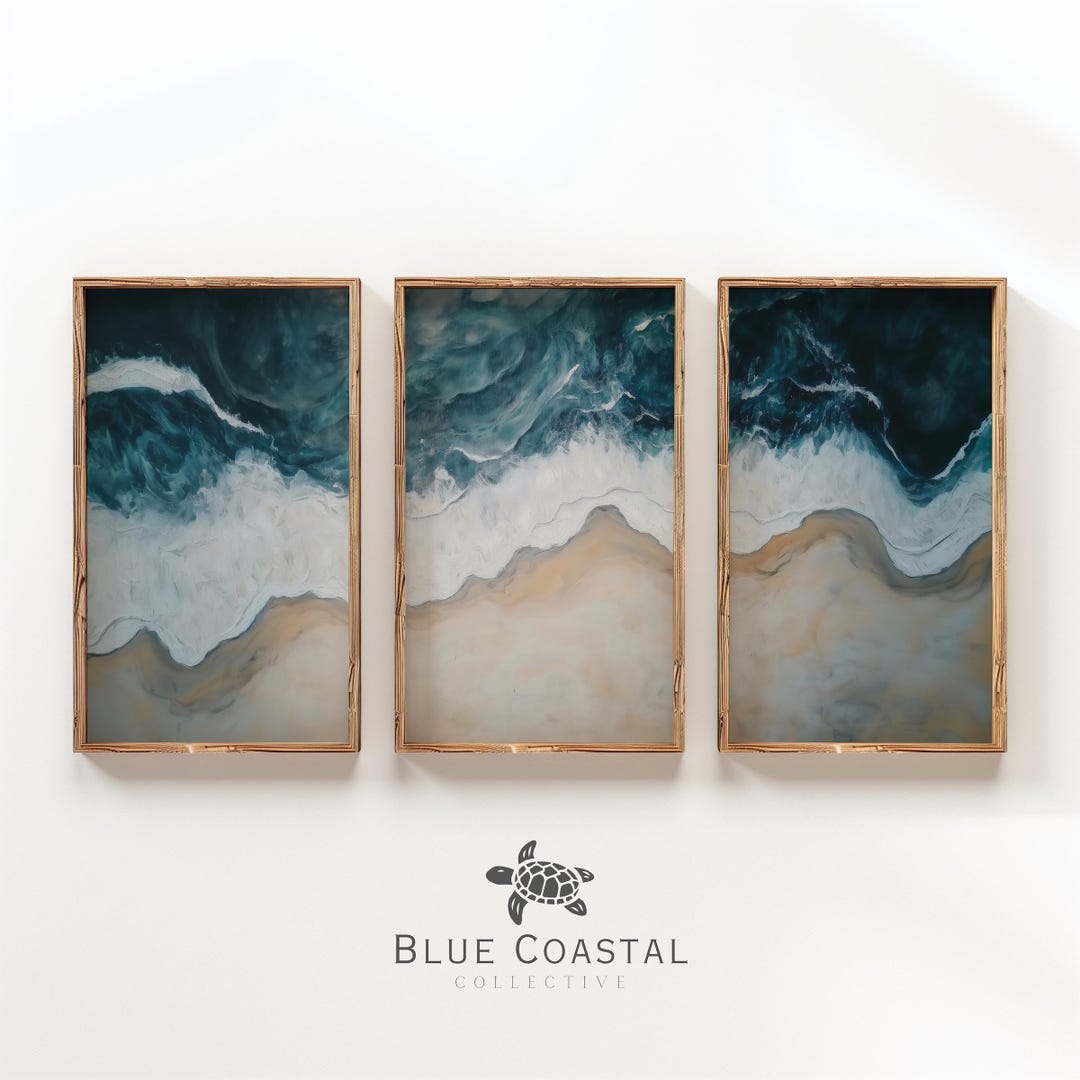 Printable Blue Wave Painting Triptych Set of 3 Vintage Coastal Painting ...
