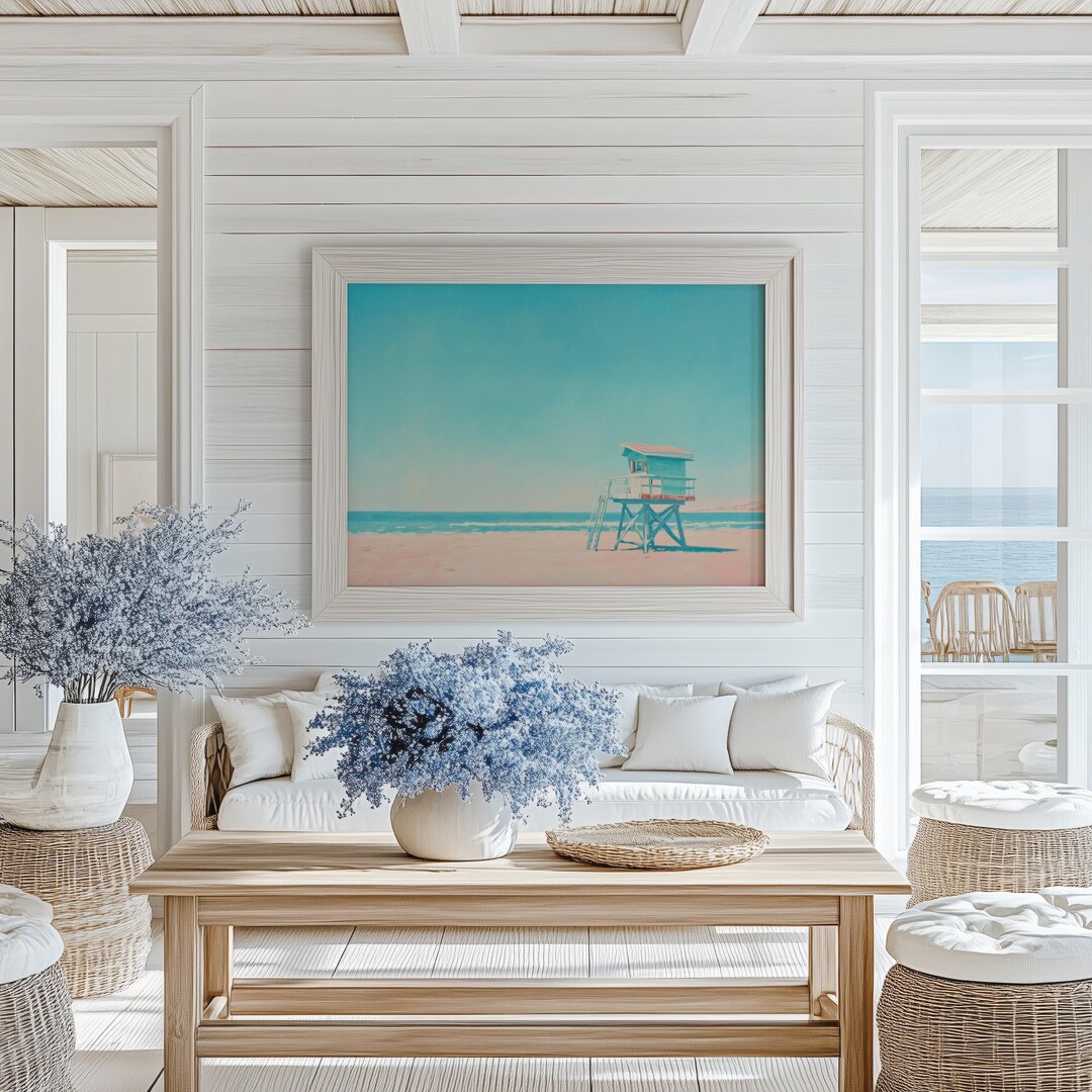 Printable Blue Lifeguard Tower Wall Art Soft Coastal Landscape Sandy ...