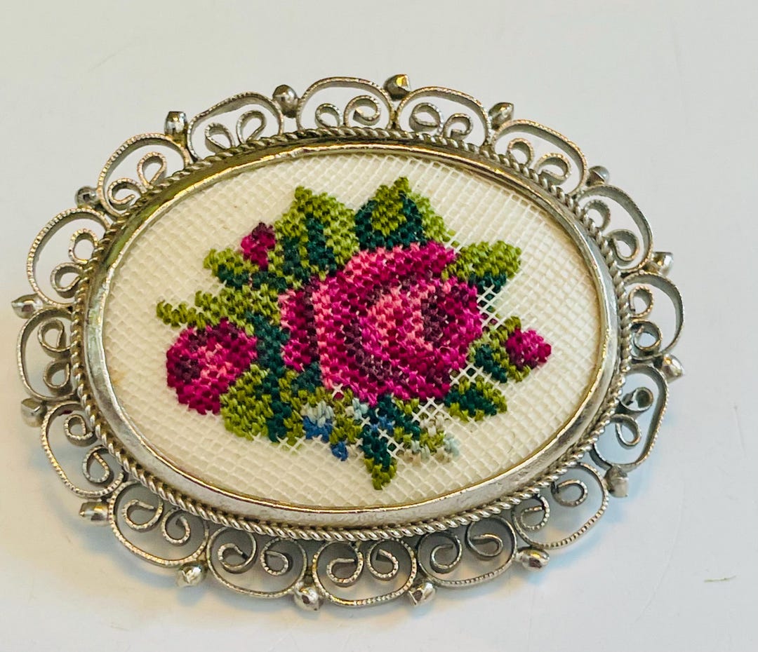 Vintage Needle Point Roses Petit Point Brooch Featuring a Floral Design ...