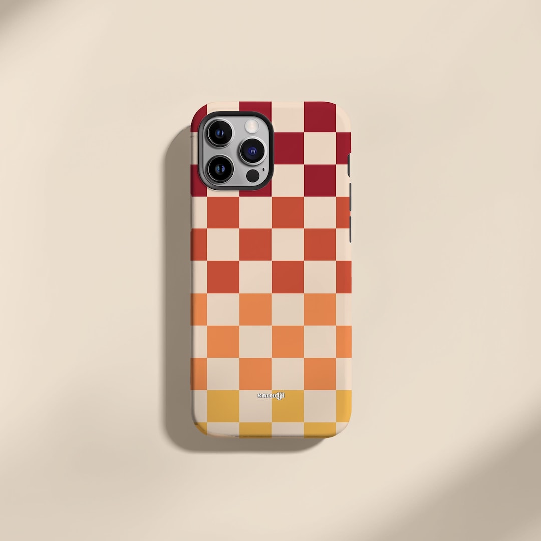 Checker Pattern Phone Case Orange & White Retro Design iPhone 16 Phone ...