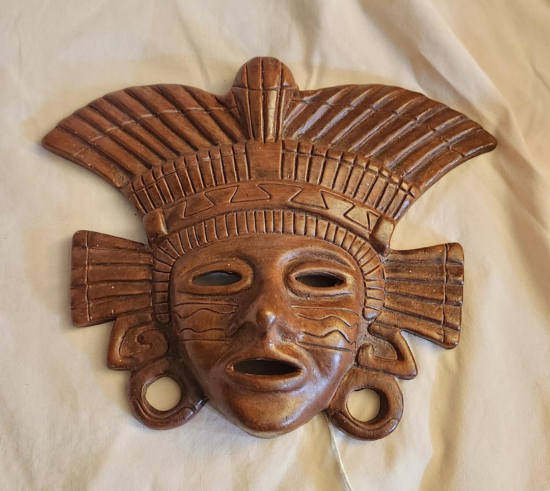 2004 Hand Made Ceramic, Tulum Aztec Mask, Wall Hanging, Quintana Roo ...