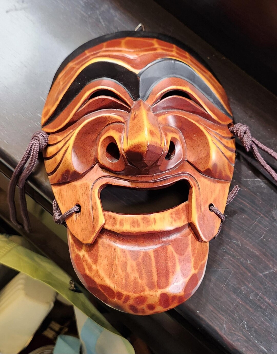Korean Hahoe Theatre Moveable Jaw Mask, Carved Wood Wall Hanging, Dark ...