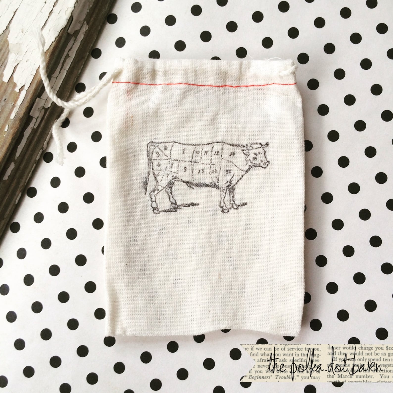 10 Hand Stamped Cow Butcher Cut Cotton Bags, 3x5 Cloth Party Bags ...