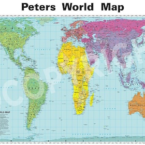 Peters Equal Area World Map (political) - Etsy
