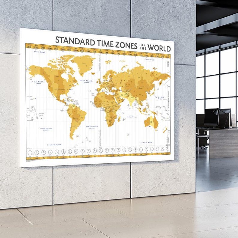 Standard Time Zones Map of the World - Etsy