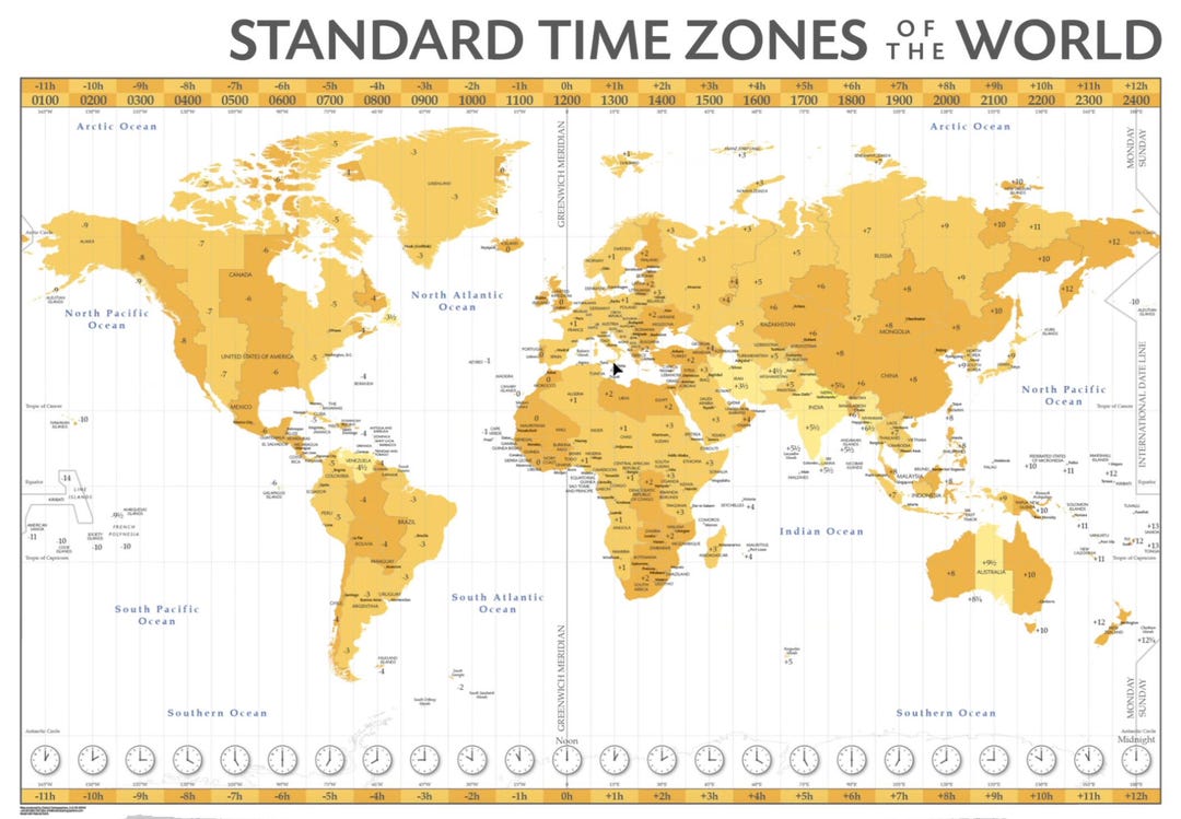 Standard Time Zones Map of the World - Etsy