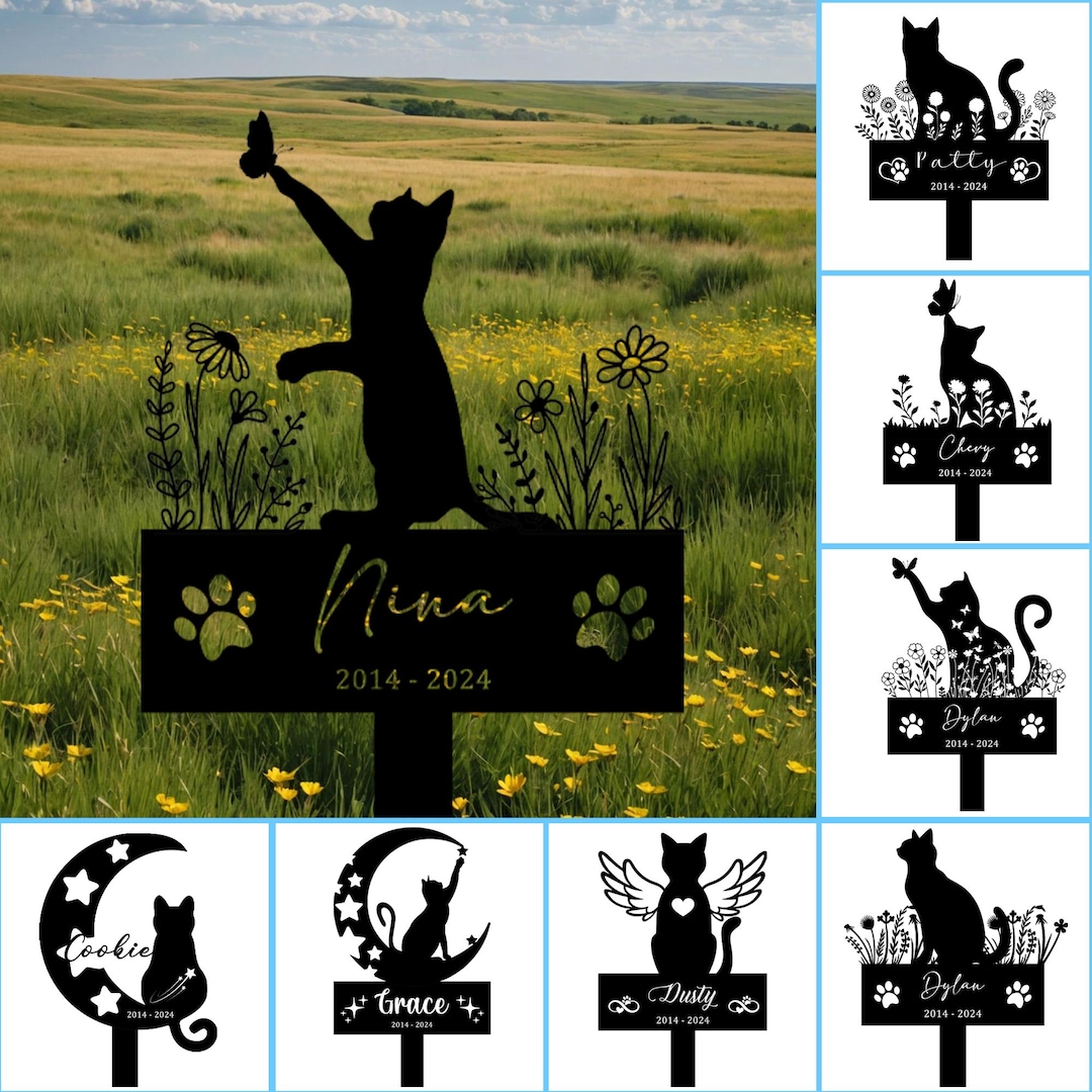 Personalized Metal Cat Stake, Cat Memorial Stake With Flowers, Custom Cat Cemetery Stake, Cat ...