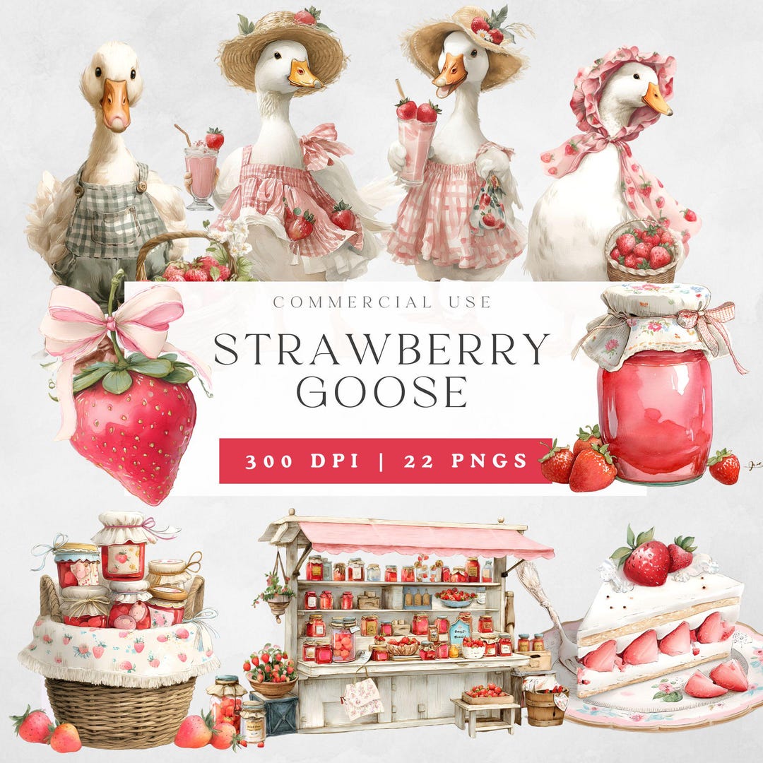 Strawberry Goose Clipart, Goose Reading, Summer Goose, Digital Download ...