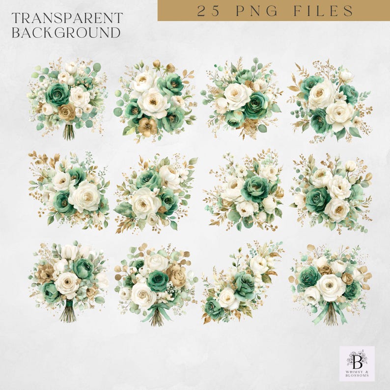 Emerald Green and Gold Flower Clipart, Watercolor Floral Designs, Rose ...