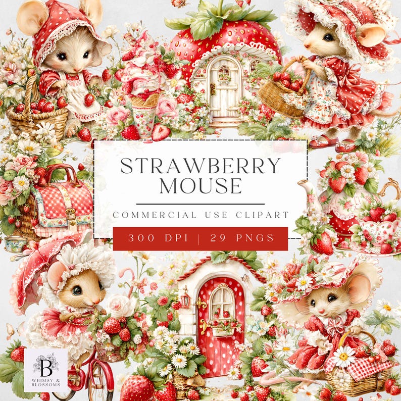 Mouse and Strawberry Clipart, Watercolor Strawberry , Whimsical ...