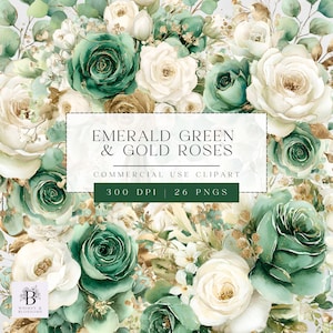 Emerald Green and Gold Flower Clipart, Watercolor Floral Designs, Rose ...