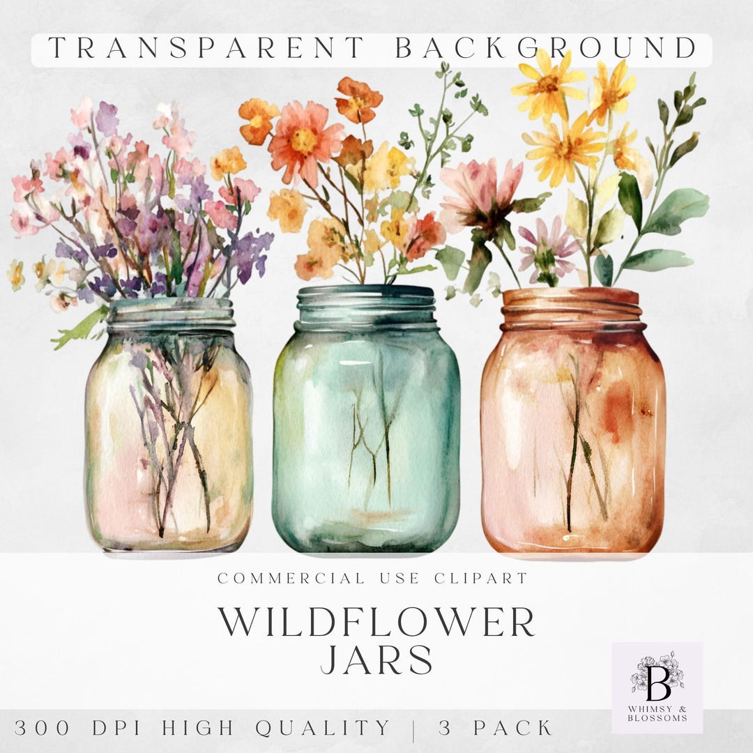 Wildflower in A Mason Jar - Watercolor Colored Jar Clipart - Wildflower ...