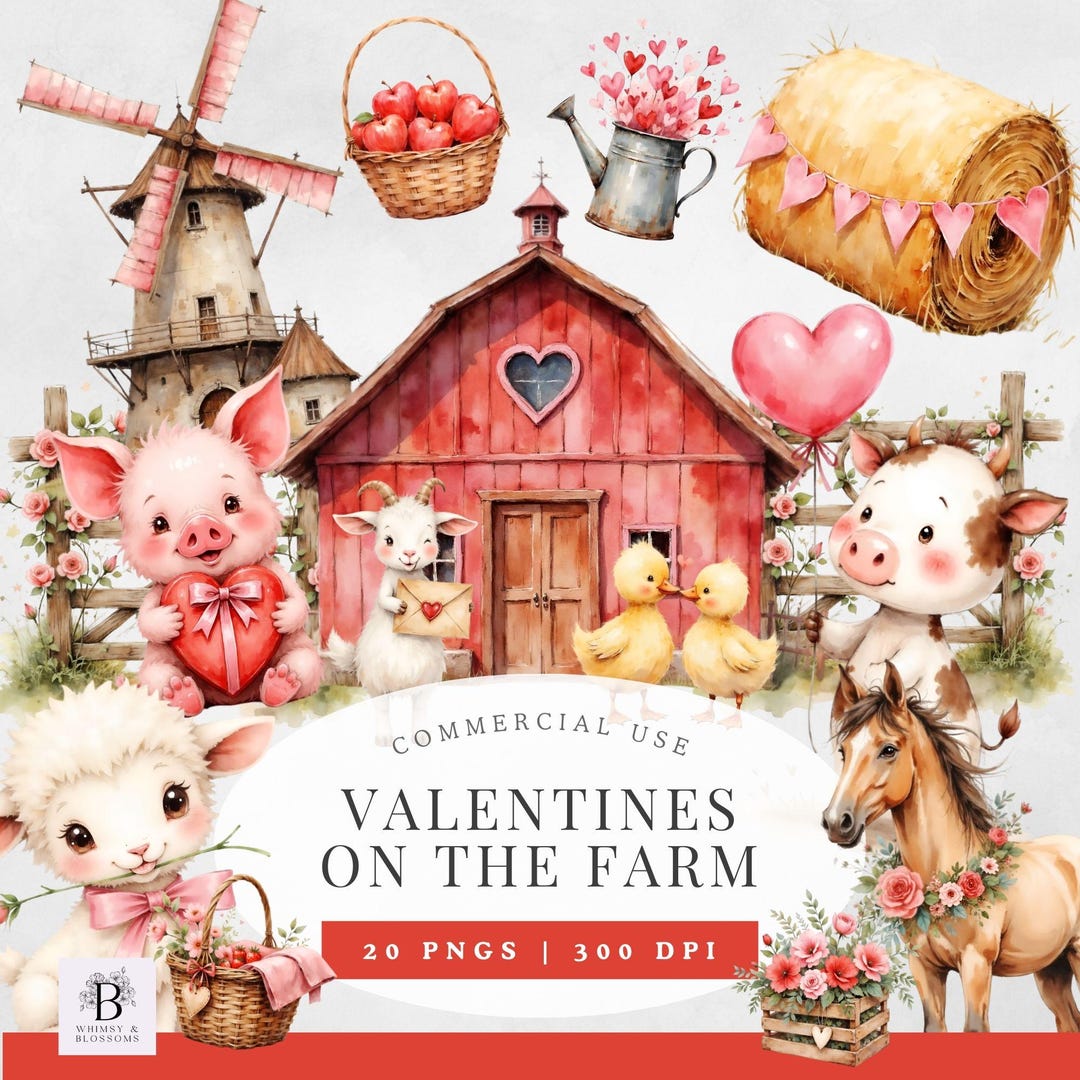 Valentines on the Farm Clipart | Farm Valentine Animals PNG ...