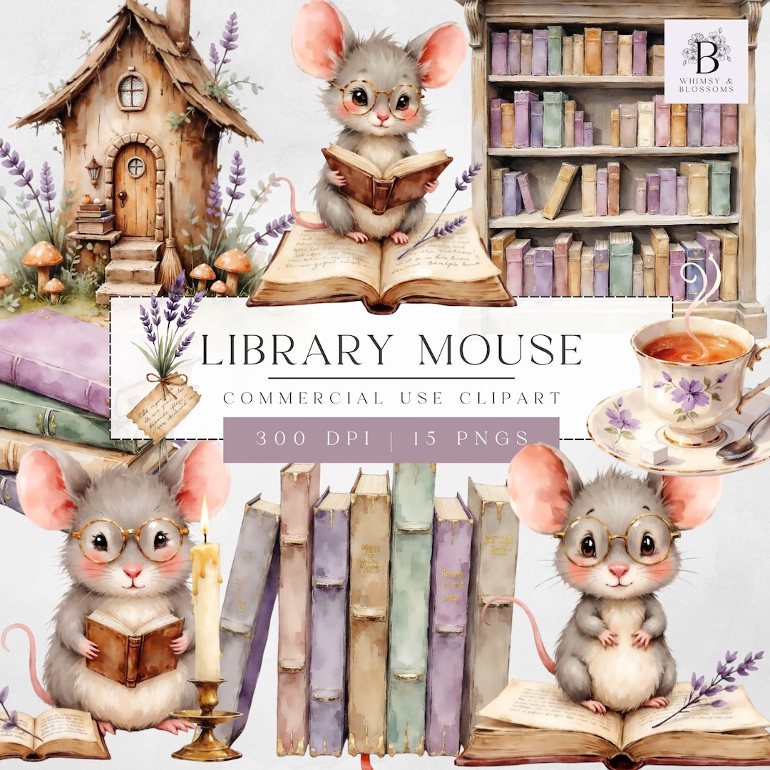 Mouse With Books Clipart, Watercolor Library Mouse Pngs , Vintage ...