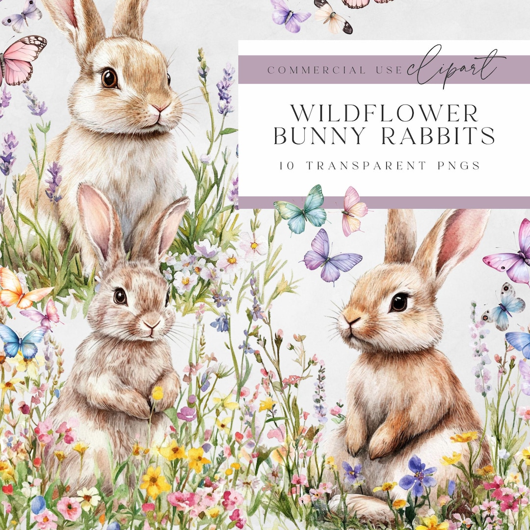 Wildflower Bunny Clipart - Bunny Butterfly Clipart - Spring Rabbit in ...