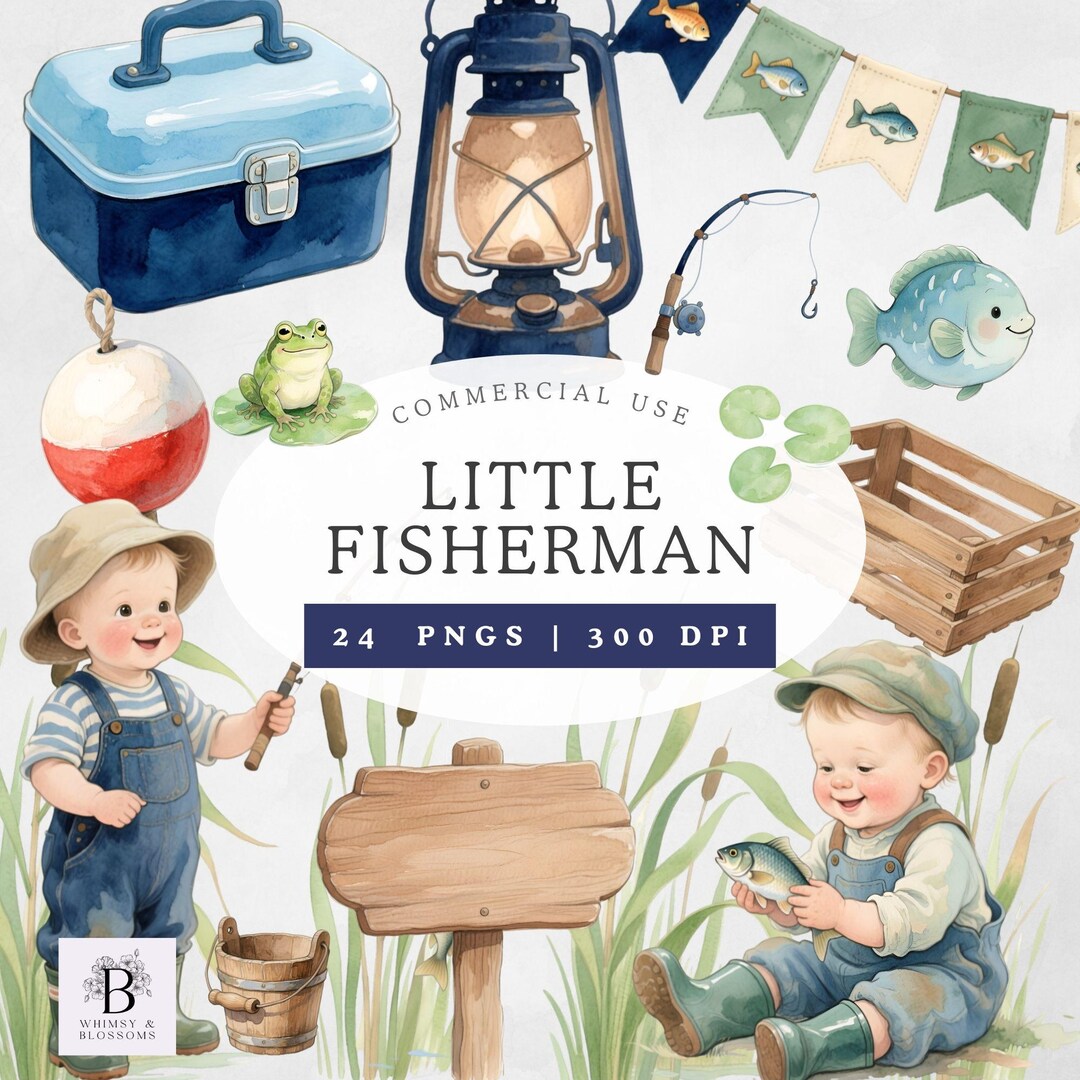 Little Fisherman Clipart, Baby Fishing PNG, Watercolor Digital Download ...