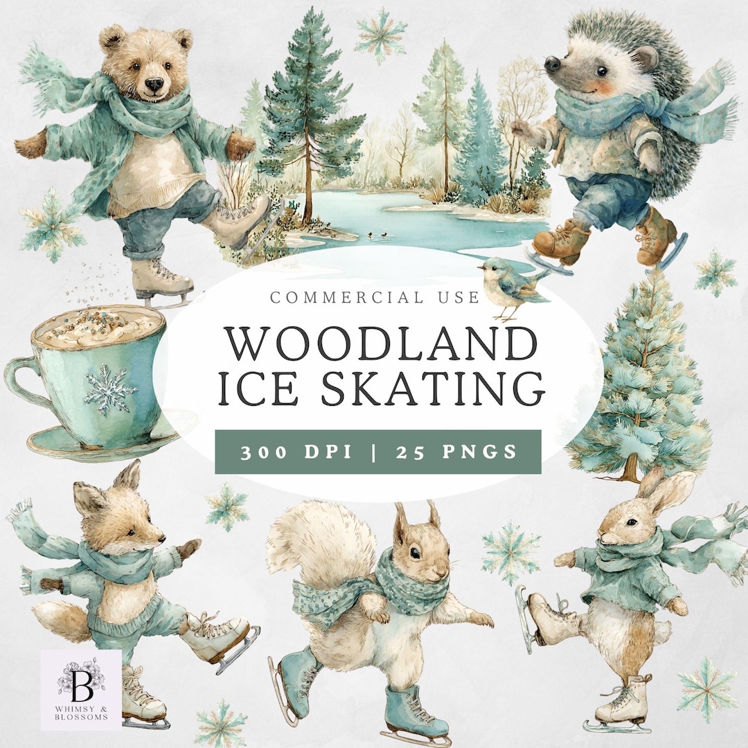 Ice Skating Woodland Clipart, Cozy Winter Clipart, Ice Skater Clipart ...