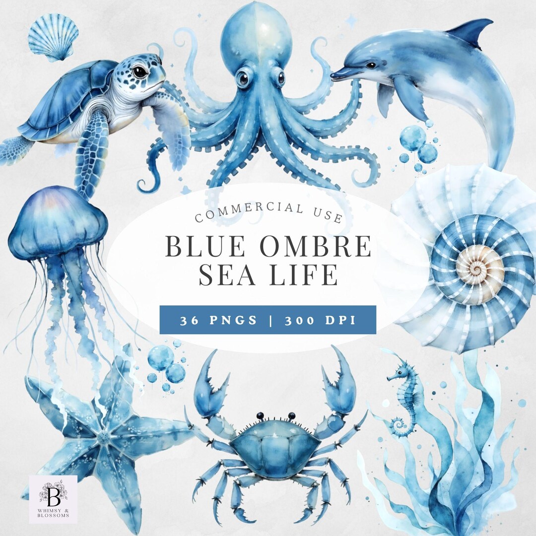 Blue Ombre Sea Life Clipart Bundle | Watercolor Ocean Animals PNG ...