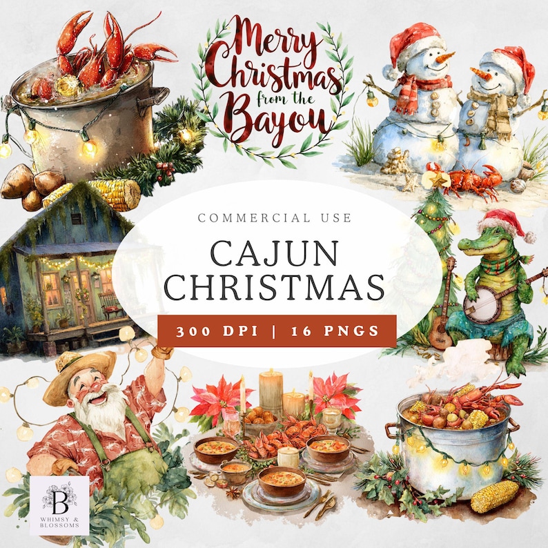 Cajun Christmas Clipart, Watercolor Quirky Christmas Clipart ...