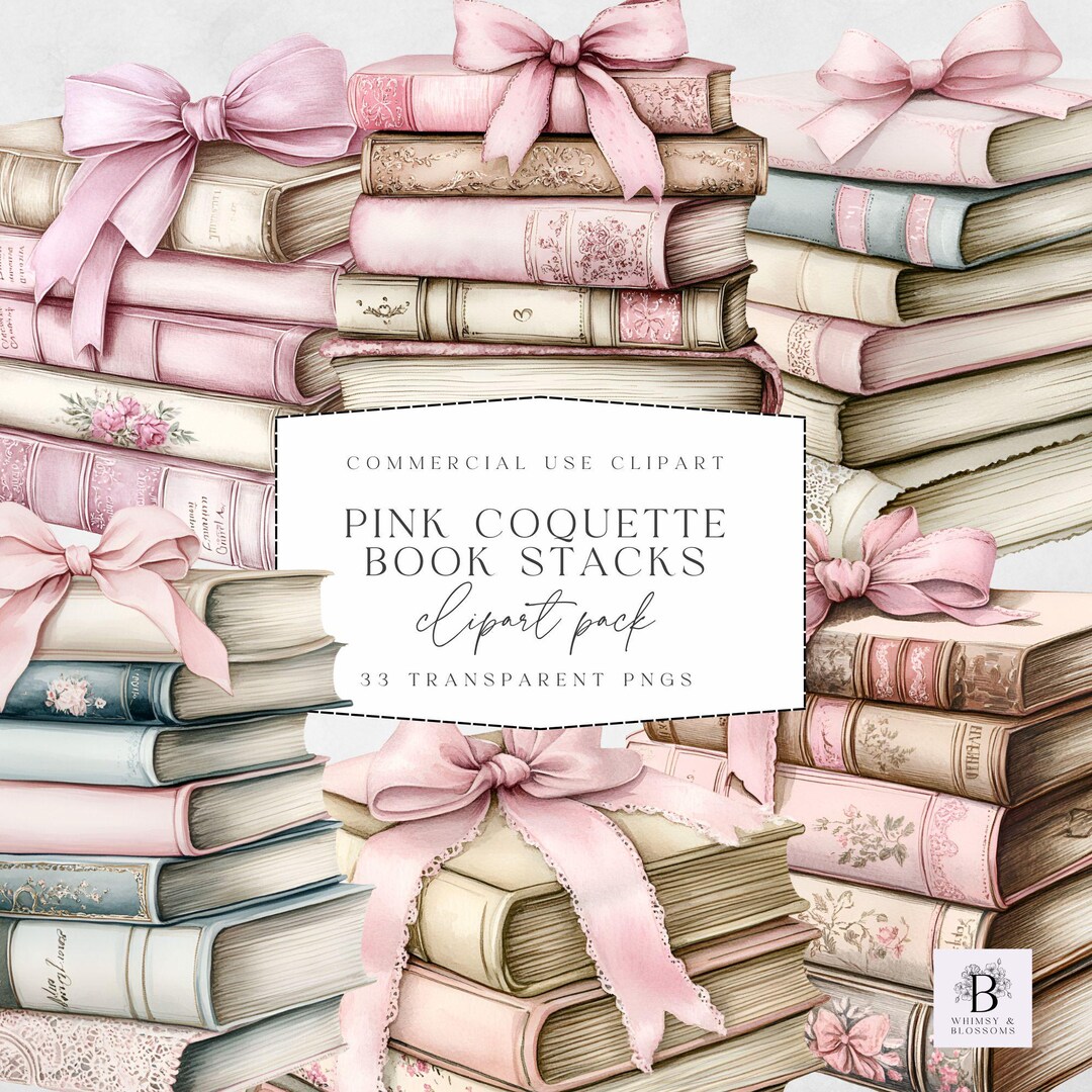 Books and Bows Clipart- Book Lover Clipart - Pink Coquette Bow Book ...