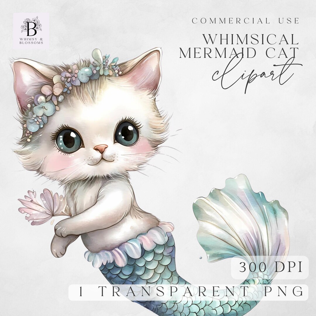 Mermaid Cat Png - Watercolor Purrmaid Design - Cute Cat PNG - Digital ...