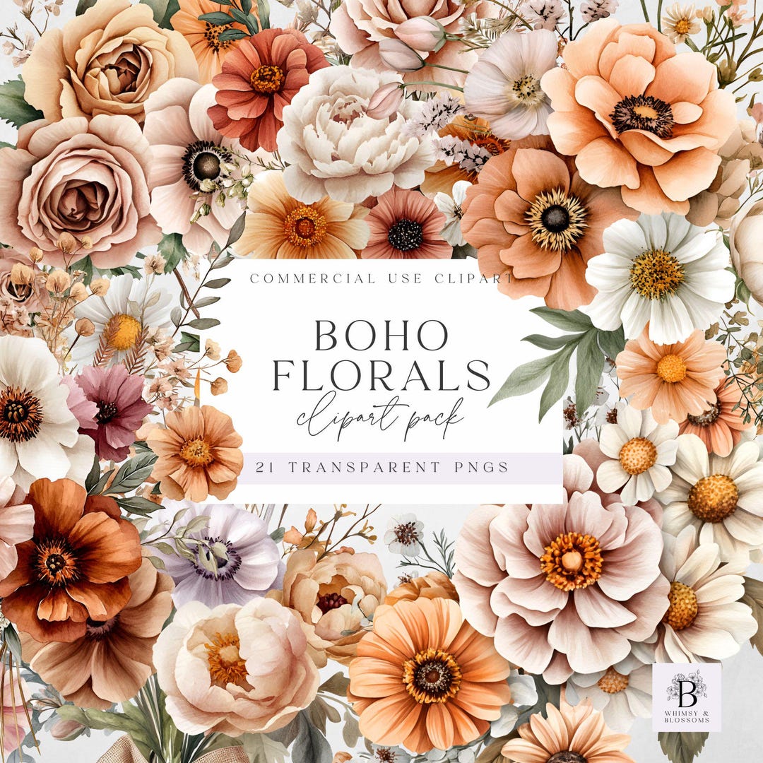 Boho Wedding Flower Png - Boho Florals Clipart Pack - Rust Orange ...