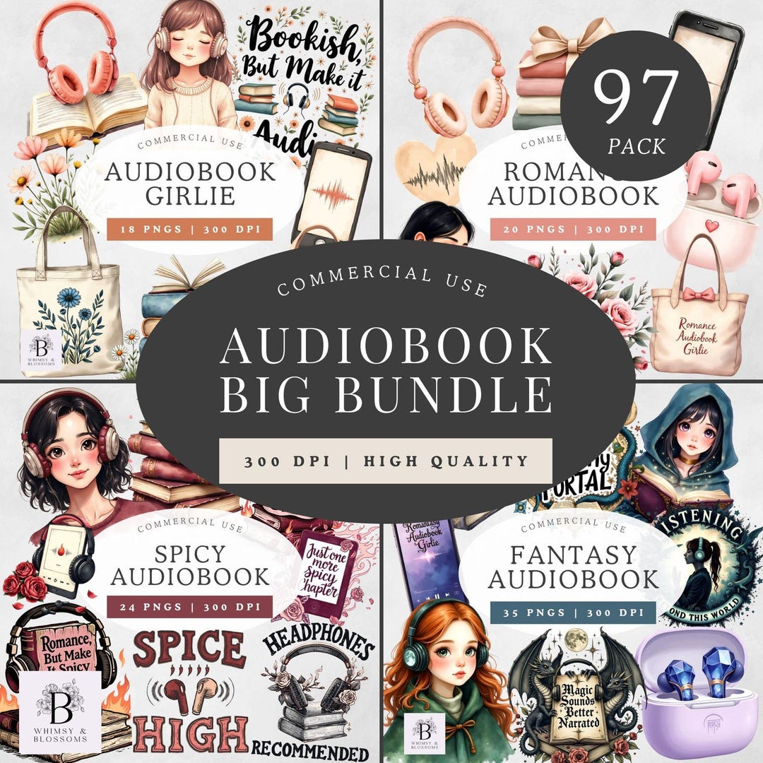 Audiobook Girlie Clipart, Big Bundle, Cute Bookish PNG Designs for ...