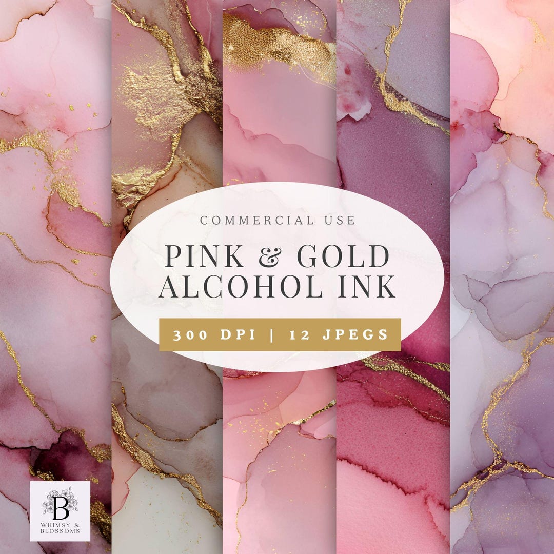 Pink & Gold Alcohol Ink Digital Papers, Watercolor Pattern Jpgs ...