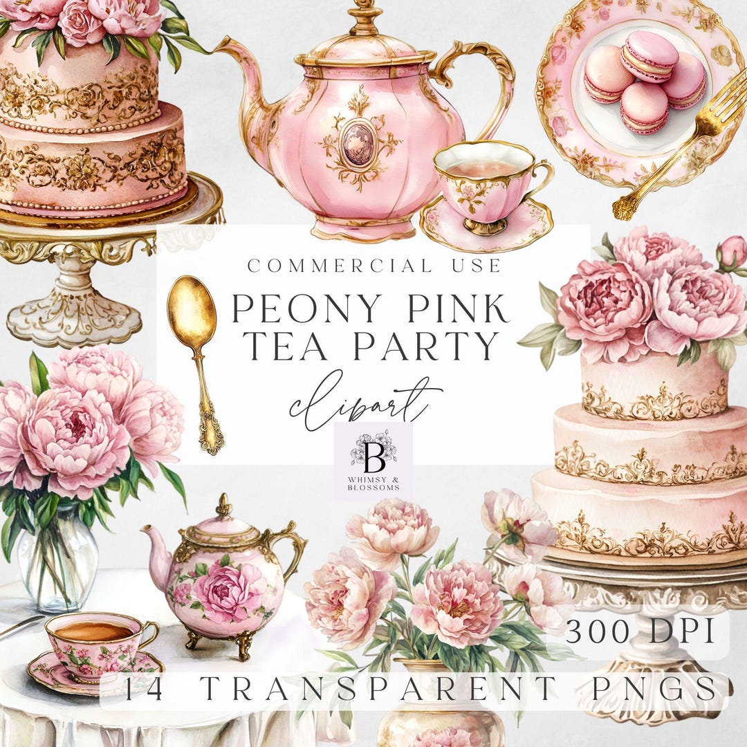 Victorian Tea Party Clipart - Pink and Gold Bridal Tea Clipart - Pink ...