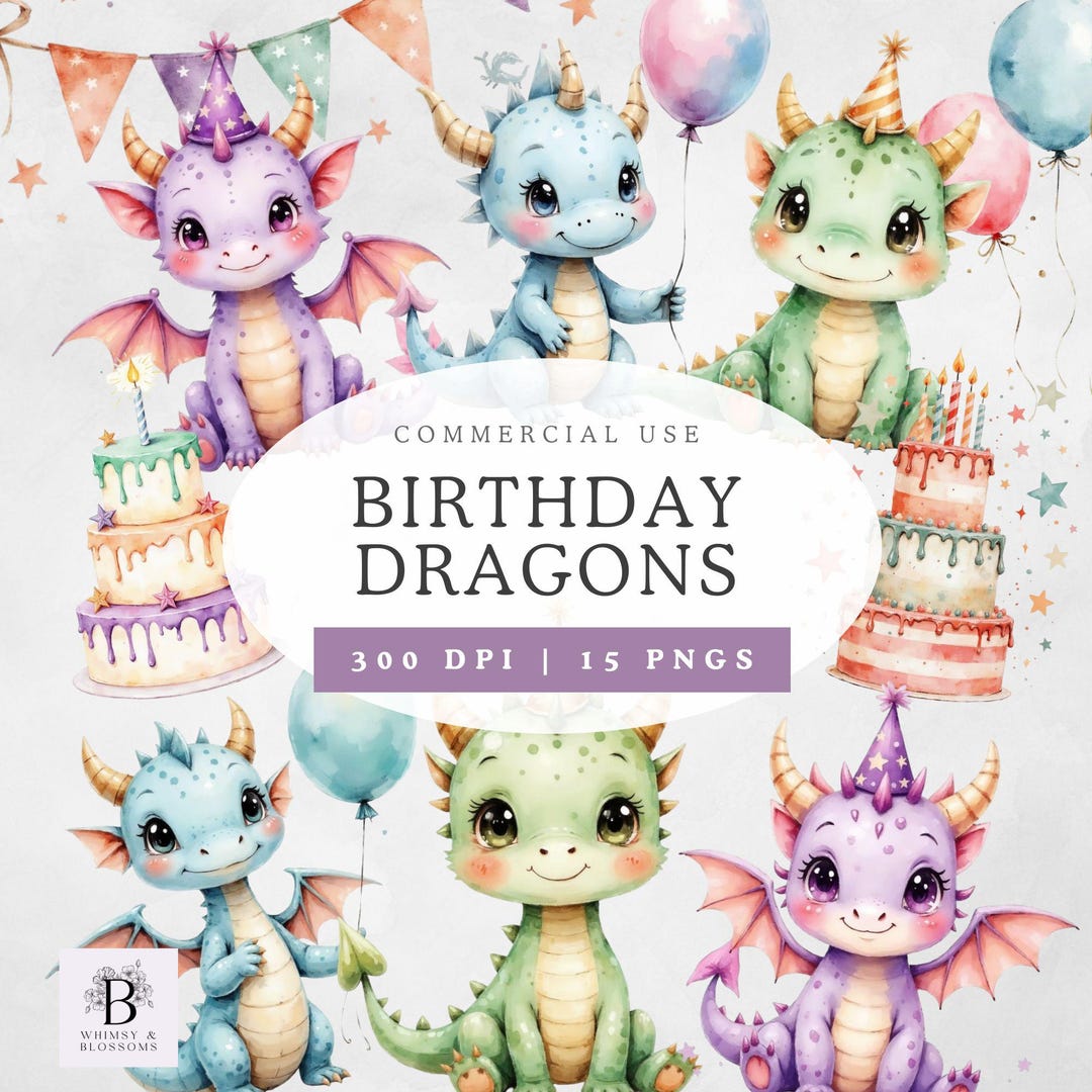 Birthday Dragon Clipart Set | Pastel Dragon Clip Art | Whimsical ...