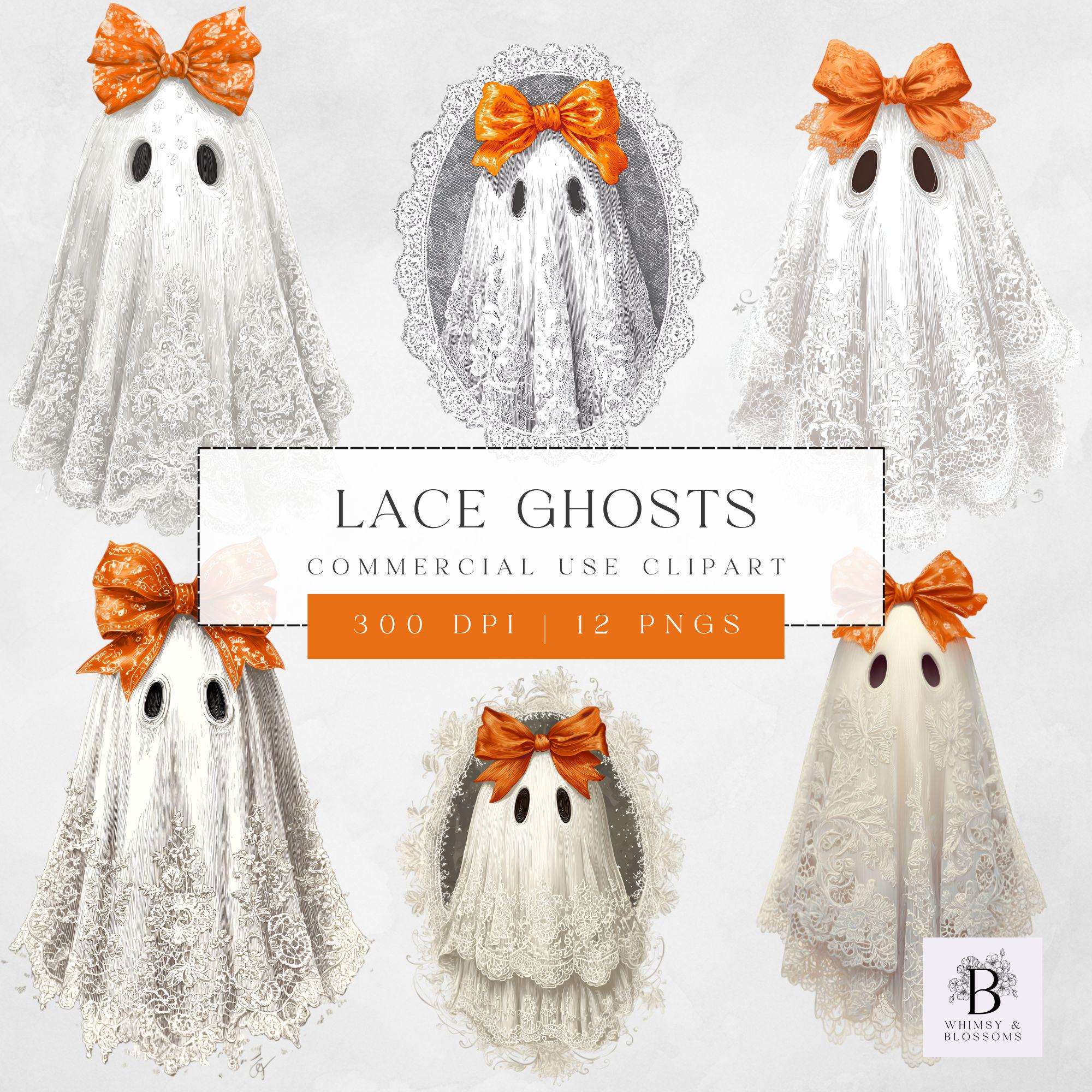 Lace Ghosts, Cute Halloween PNG, Ghost With Bow Clipart, Watercolor ...