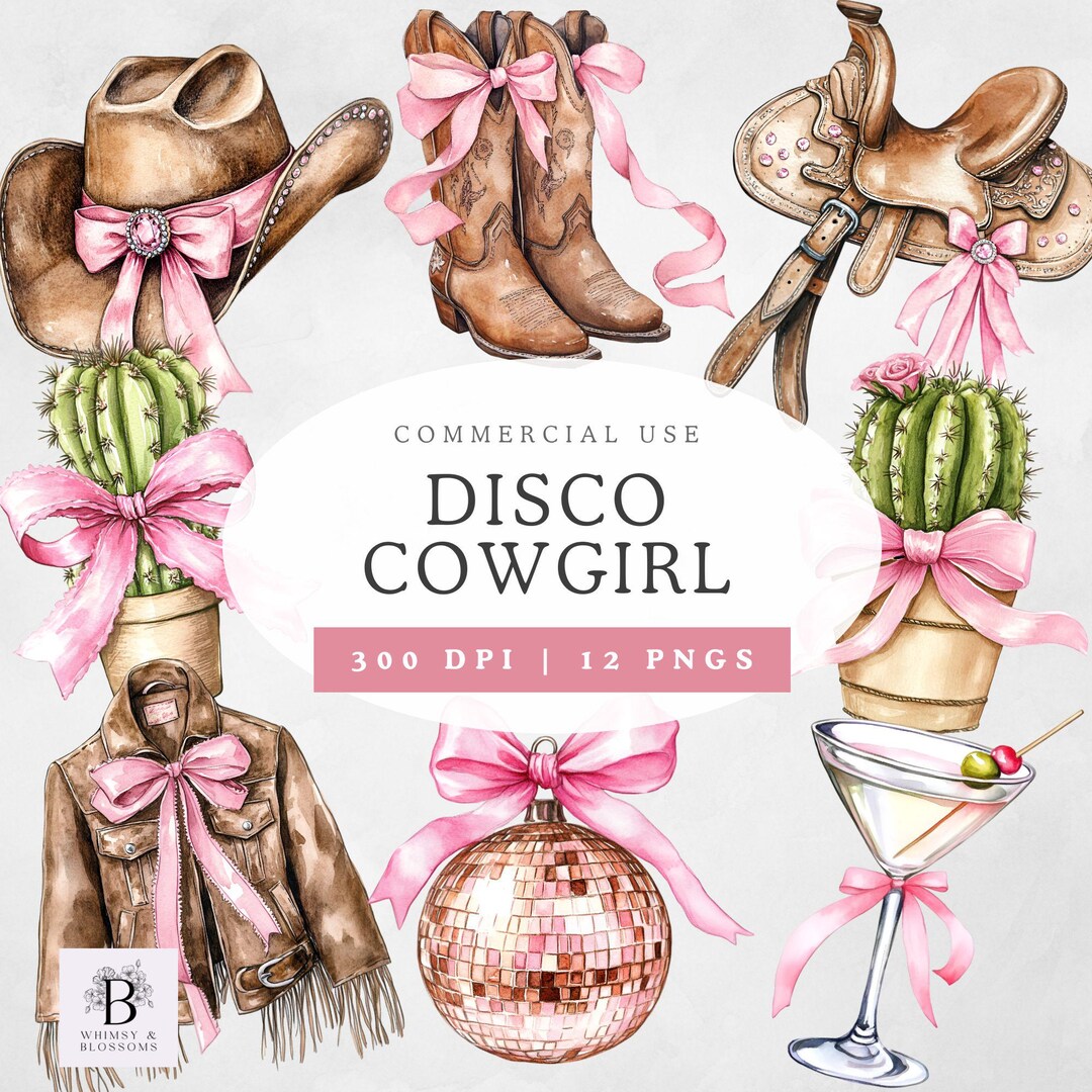 Disco Cowgirl Clipart, Pink Bow Cowgirl Pngs, Digital Download, for ...